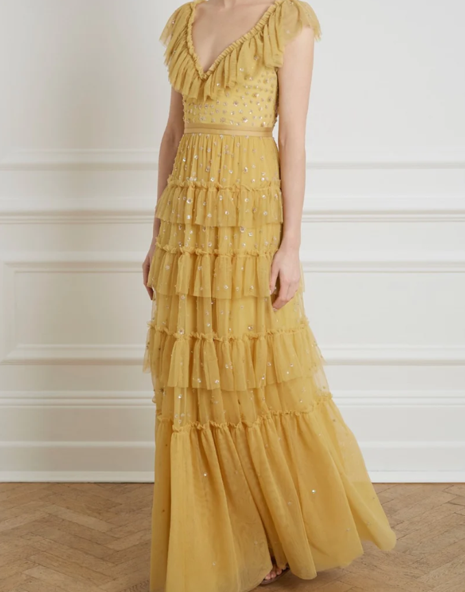 Unique Ruffles V-Neck Floor Length Tulle Yellow Prom Dresses N2245 ...