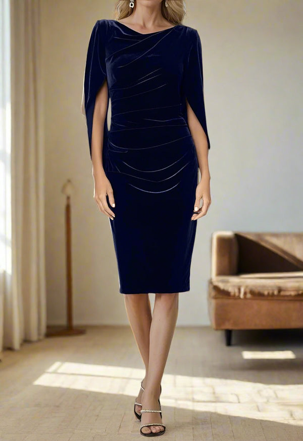Half Sleeves Knee Length Velvet Mother of The Bride Dresses with Pleat