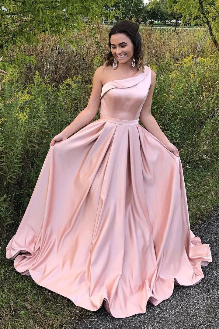 Pink Satin One Shoulder Sleeveless Long Prom Dress, Evening Dress ...
