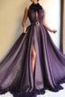 Pretty Halter Long Front Split Purple Prom Dresses With Handmade Flowe