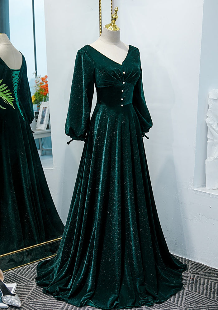 Vintage Long Sleeves V-Neck Green Velvet Long Prom Dress Y0359