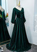 Vintage Long Sleeves V-Neck Green Velvet Long Prom Dress Y0359