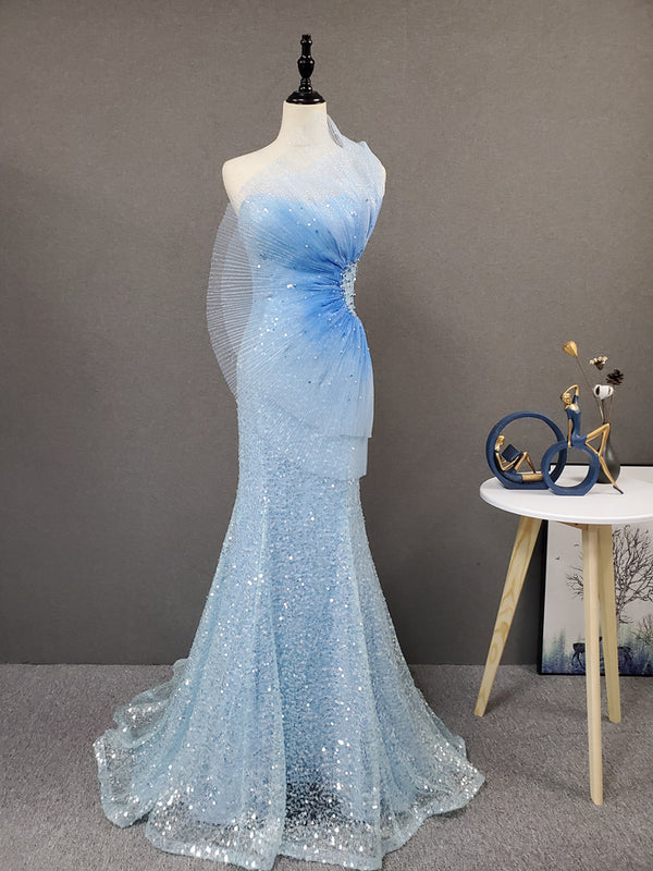 Shiny Strapless Mermaid Light Blue Ombre Long Prom Dress Y0399