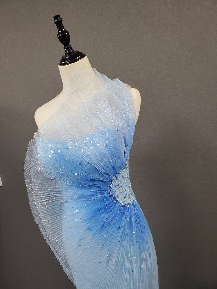 Shiny Strapless Mermaid Light Blue Ombre Long Prom Dress Y0399