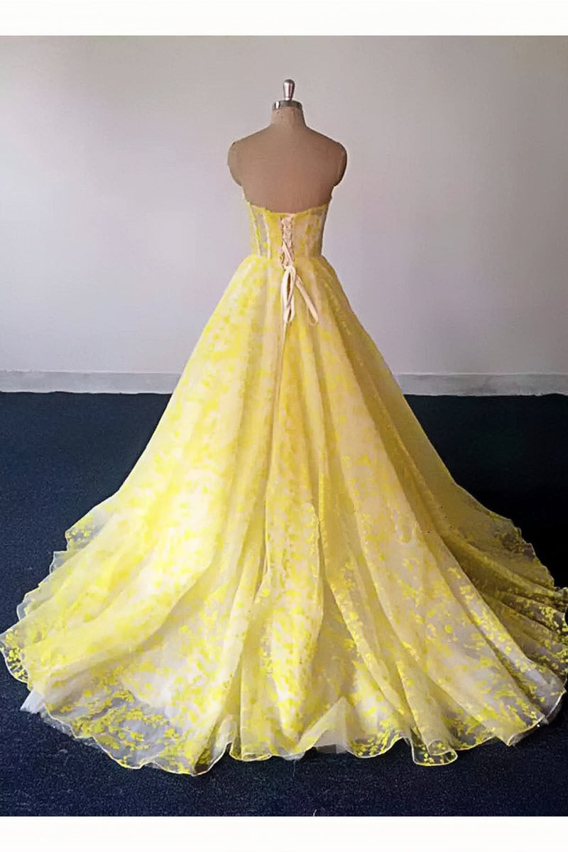 Yellow Lace Strapless Long Graduation Dress, Sweetheart Prom Dress For ...