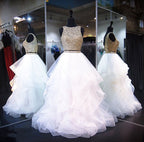 Two Piece White Shiny Ruffles Sleeveless Floor Length Prom Gown