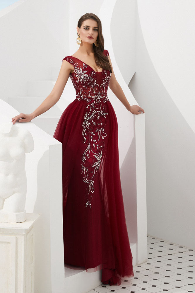 Burgundy V-Neck Sleeveless Tulle Long Prom Dresses with Beads Crystal ...