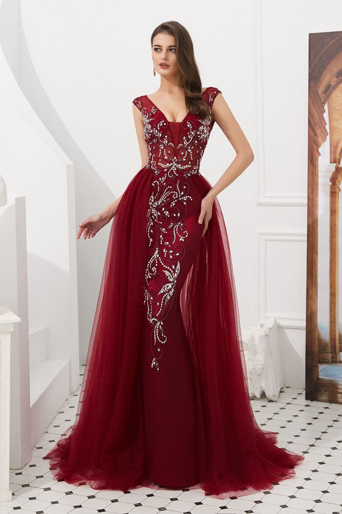 Burgundy V-Neck Sleeveless Tulle Long Prom Dresses with Beads Crystal ...