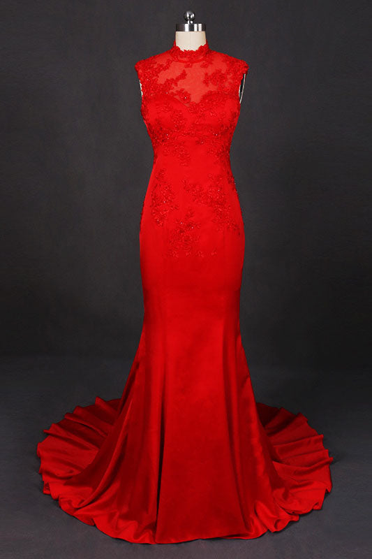 Red Sleeveless High Neck Sleeveless Satin Evening Dresses Appliques Pr ...